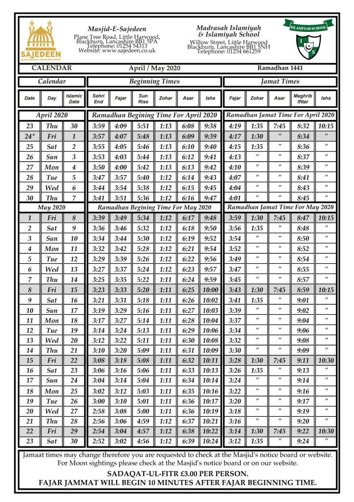 Ramadan Timetable – Masjid E Sajedeen